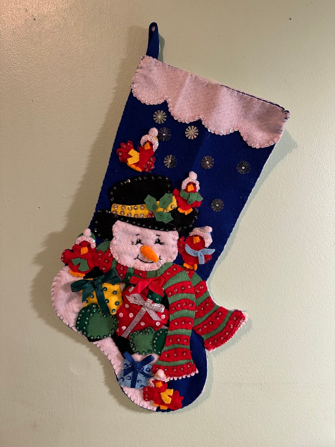 Finished Felt Christmas Stocking Snowman and Cardinals - Etsy