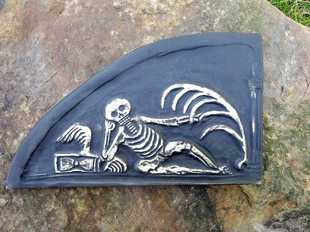 1700's Reproduction of Reclining Skeleton Gravestone Carving Memento ...