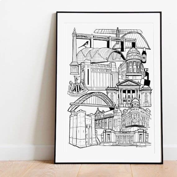Newcastle Landmark illustration print. Newcastle skyline gift | Etsy