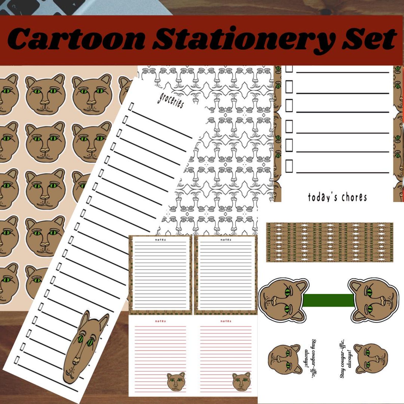 Animal Cartoon Cougar Themed Printable Stationery Set| Notepad| Daily ...