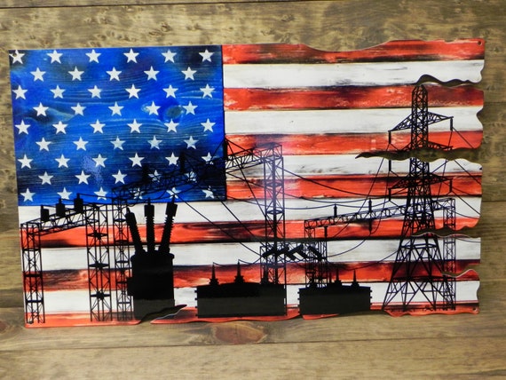 American Flag Power Lines Lineman Working On A Pole American Flag