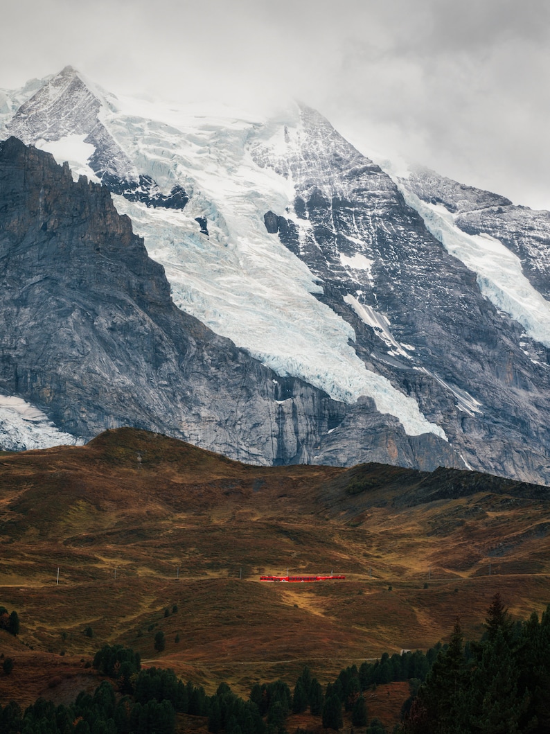 Red Train Through Swiss Alps Landscape Photograph, Glacier, Mountain ...