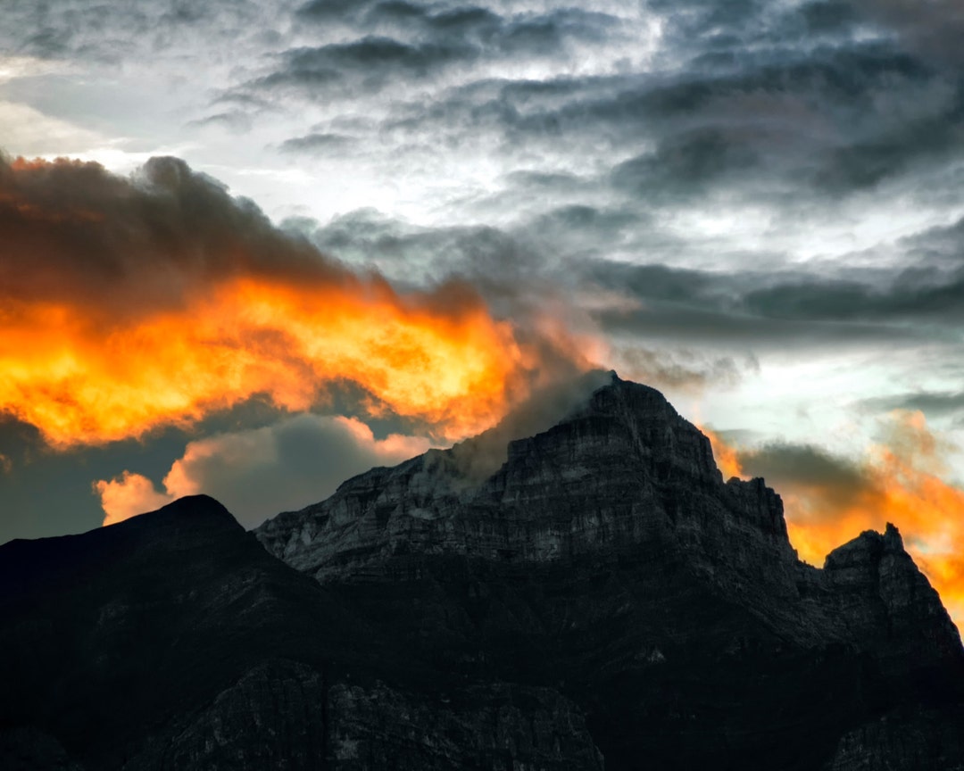 Mountain on Fire Landscape Photograph, Sunset, Bright Orange, Rocky ...
