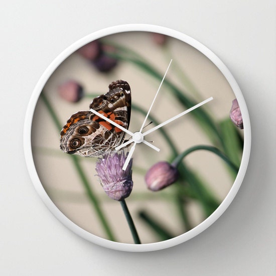 Butterfly and Chives, Photo Wall Clock, Modern Wall Clock, Retro Clock ...