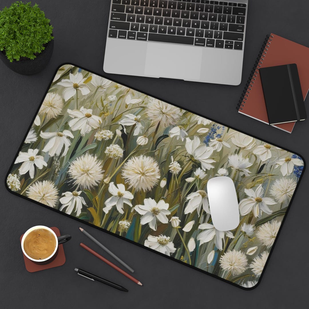 White Wildflowers Office Decor, Floral Mouse Pad, Desk Mat, Computer ...