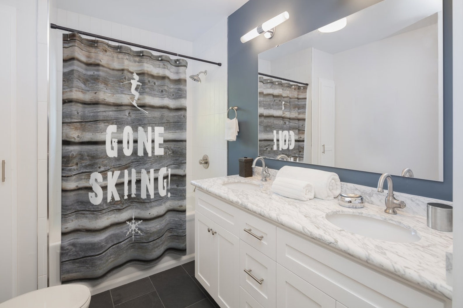 Gone Skiing Shower Curtain, White Tan Bathroom Curtain, Bathroom Ski ...