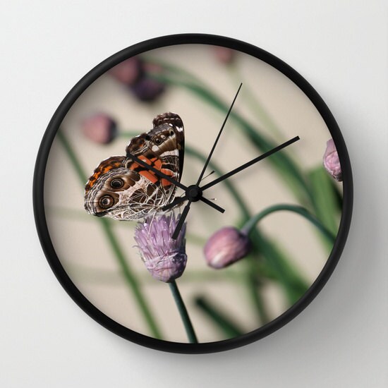 Butterfly and Chives, Photo Wall Clock, Modern Wall Clock, Retro Clock ...