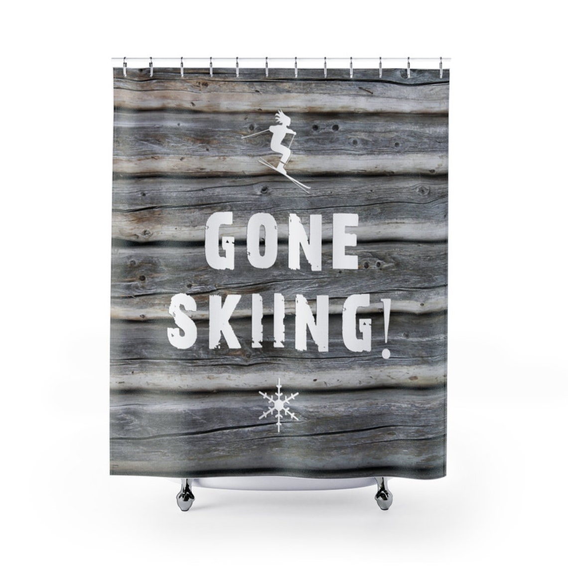 Gone Skiing Shower Curtain, White Tan Bathroom Curtain, Bathroom Ski ...