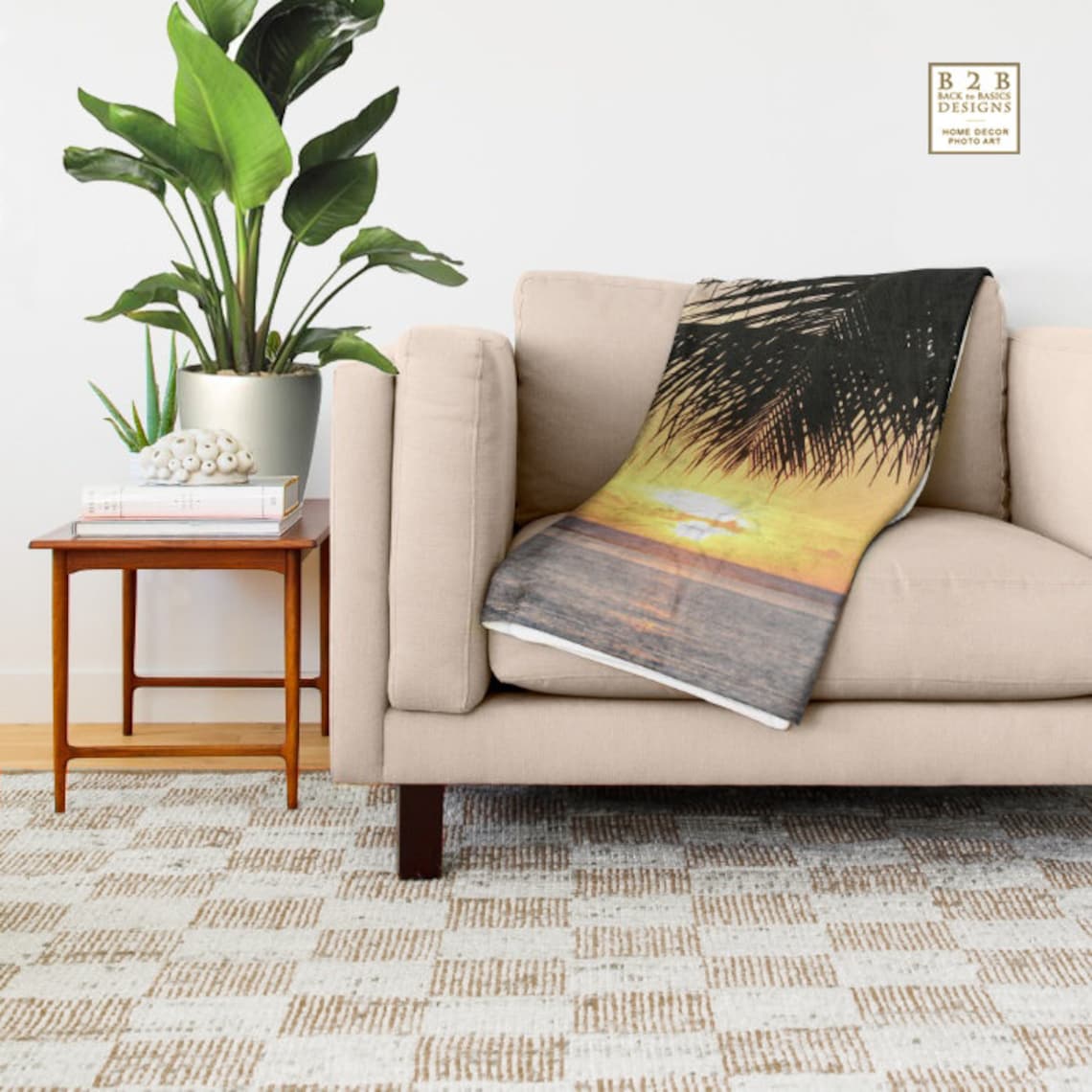 Sunrise and Palm Tree Throw Blanket, Orange Black Modern Bedroom Decor ...