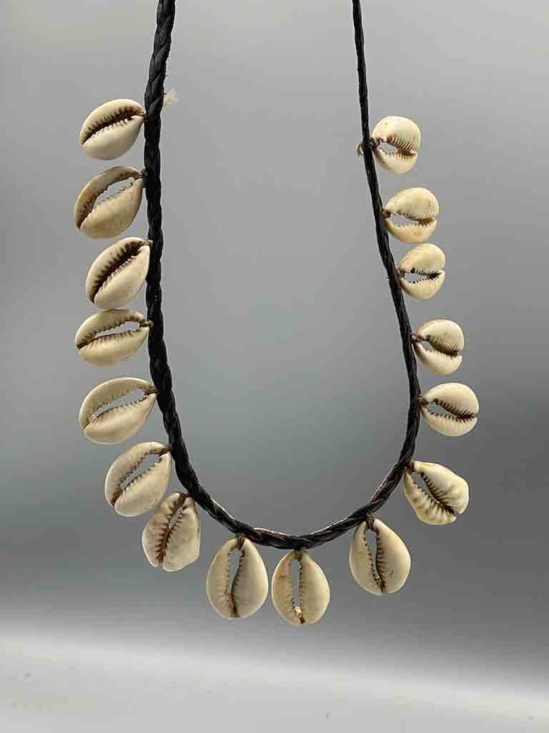 Hanging Cowrie Shell Braided Black Leather Clasp Long Necklace - Mali ...
