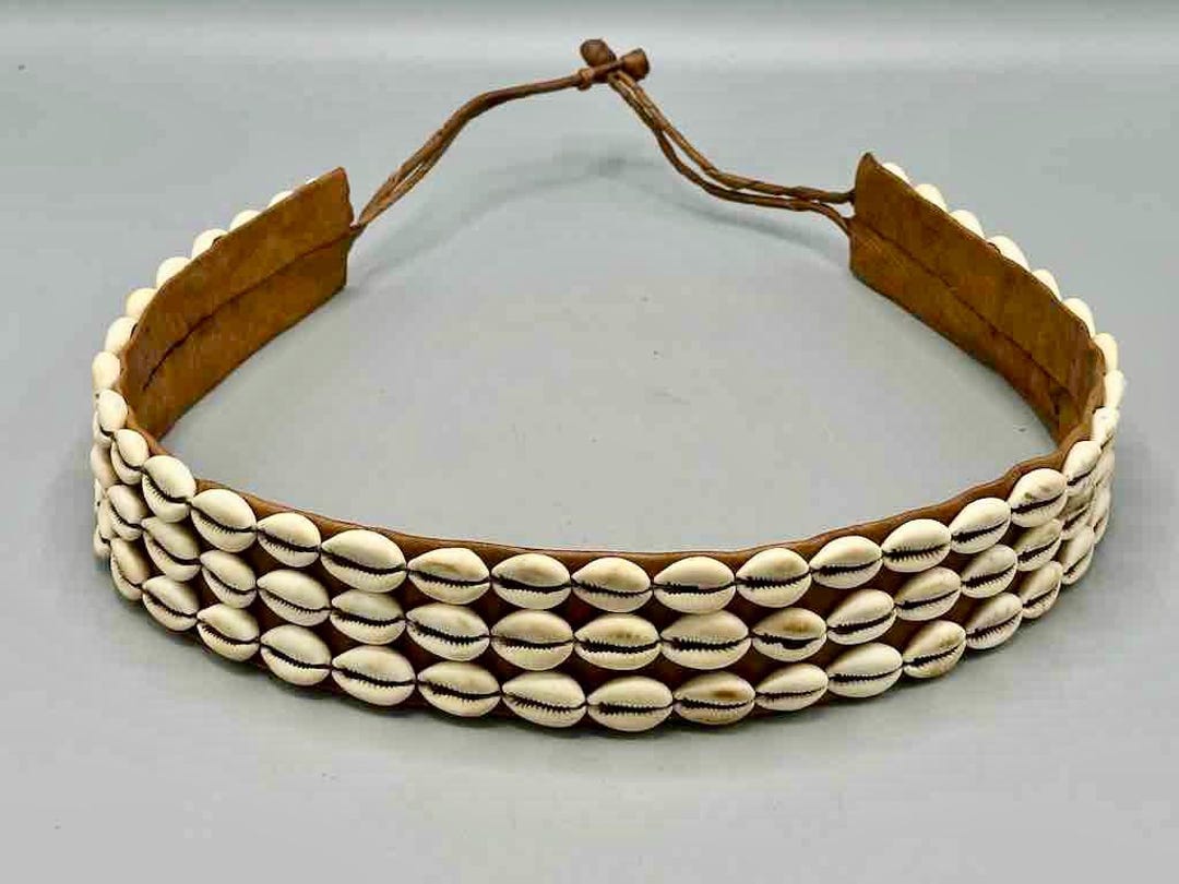 African Cultural Wide Real Cowrie Shell-leather Black Ball & Loop ...
