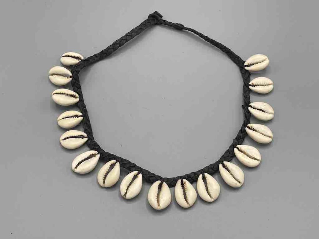 Hanging Cowrie Shell Braided Black Leather Clasp Choker Necklace - Mali ...