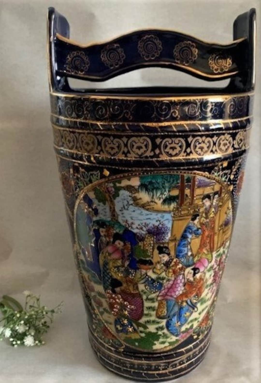 Vintage Large Cobalt Blue Satsuma Porcelain Water Bucket Style W/heavy ...