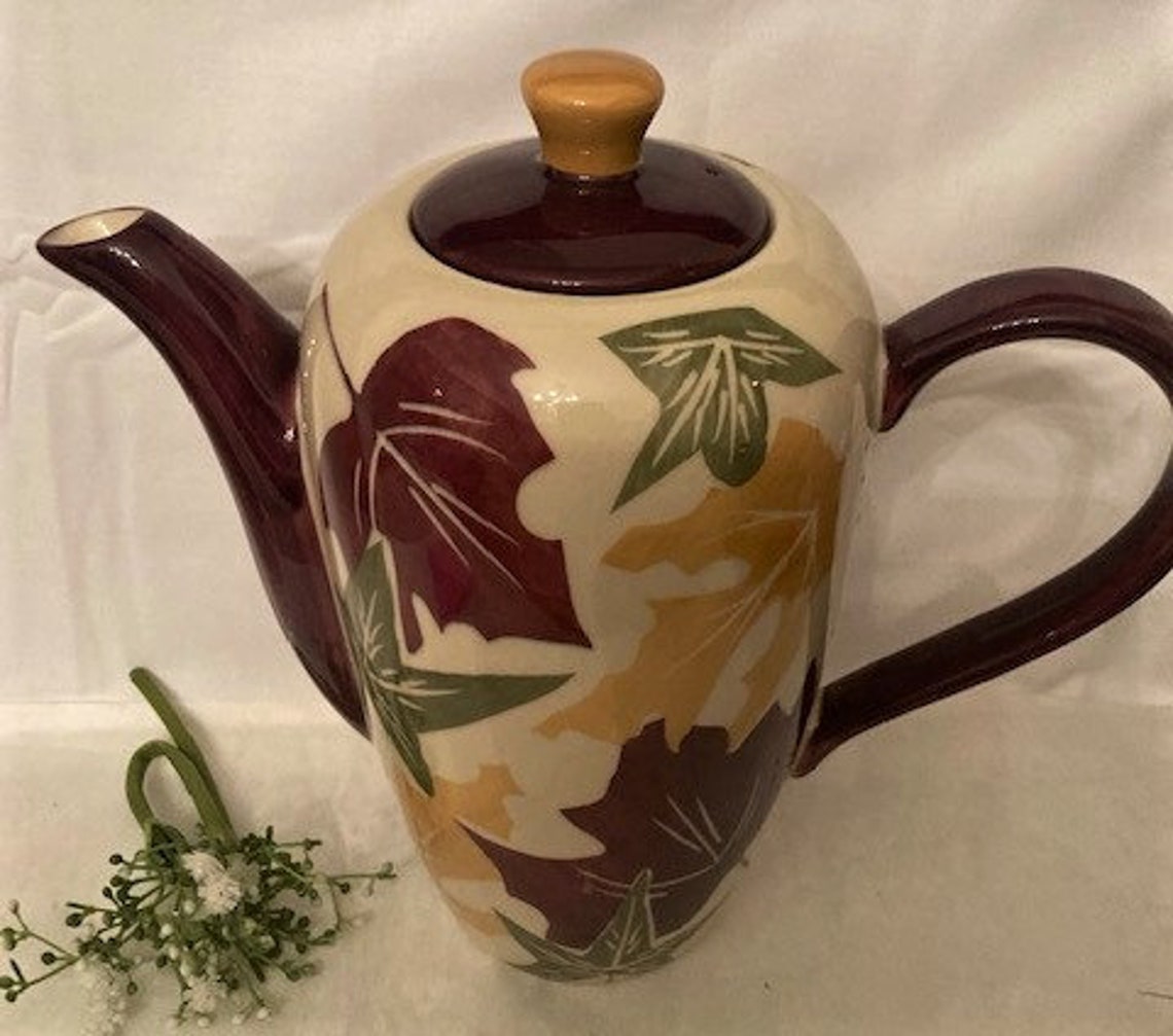Vintage Tall Large Coffee Tea Pot by Huesnbrews- Fall Leaves Pattern ...