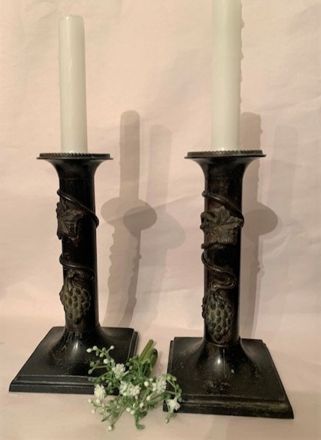 Vintage Solid Brass Pair Black Metal Candlesticks With Grape Vine ...