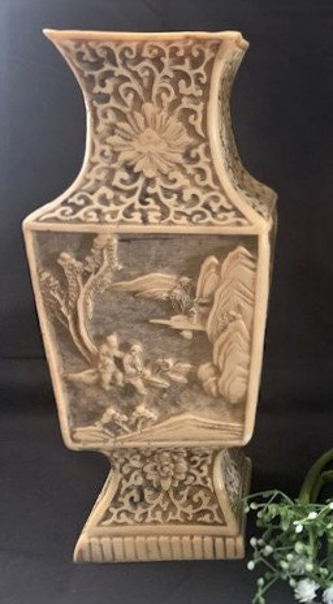 Vintage/antique Hand Made Beige Carved Square Shape Vase With Motif on ...