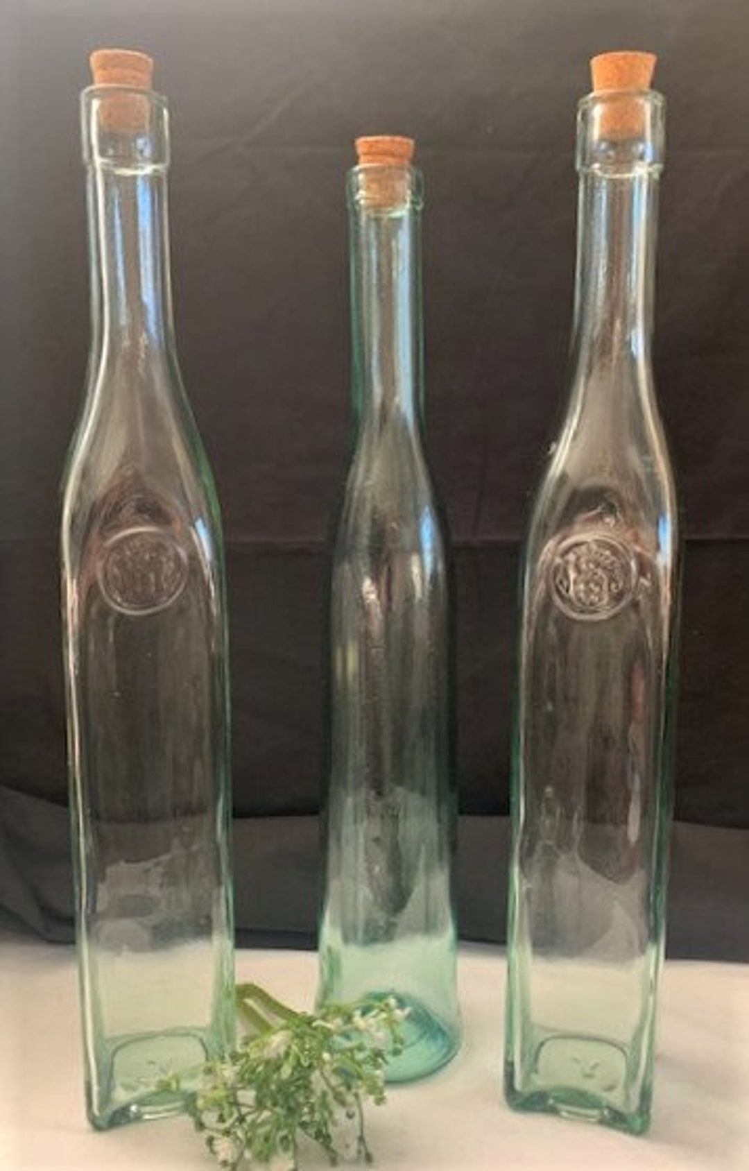 Vintage Variety Tall Round-square Glass Bottles Witch Cork- Green Tint ...