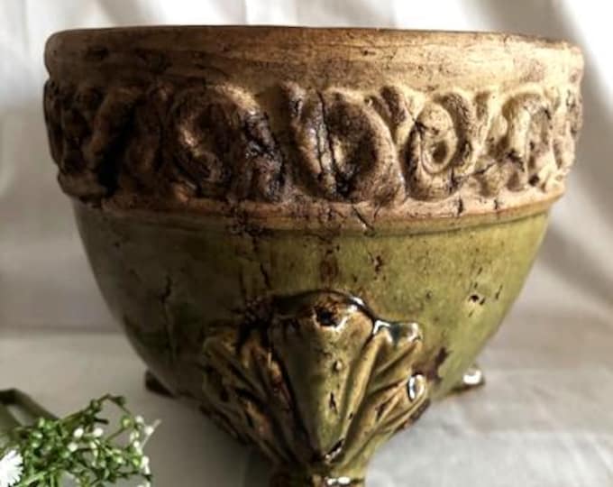 Vintage Heavy Pottery Planter With 3 Footed Large Glazed Green and Tan ...