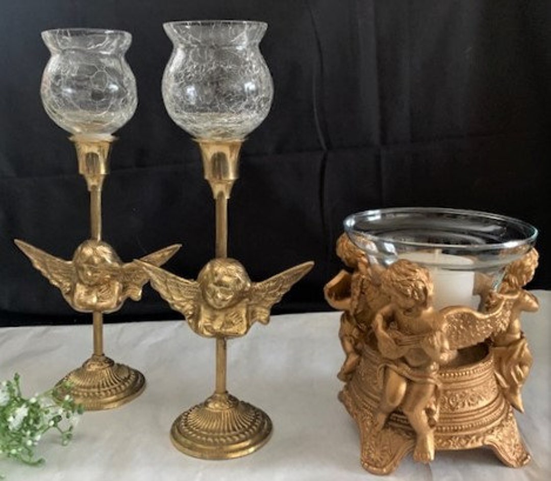 Vintage Pair Cherub Angel Face Lacquer Brass Candlestick - Etsy