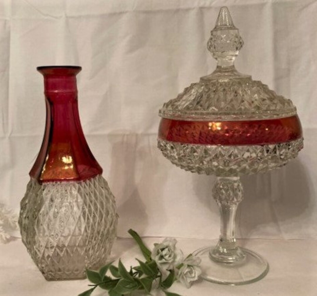 Vintage Indiana Glass Diamond Point Ruby Red Covered Candy Dish ...