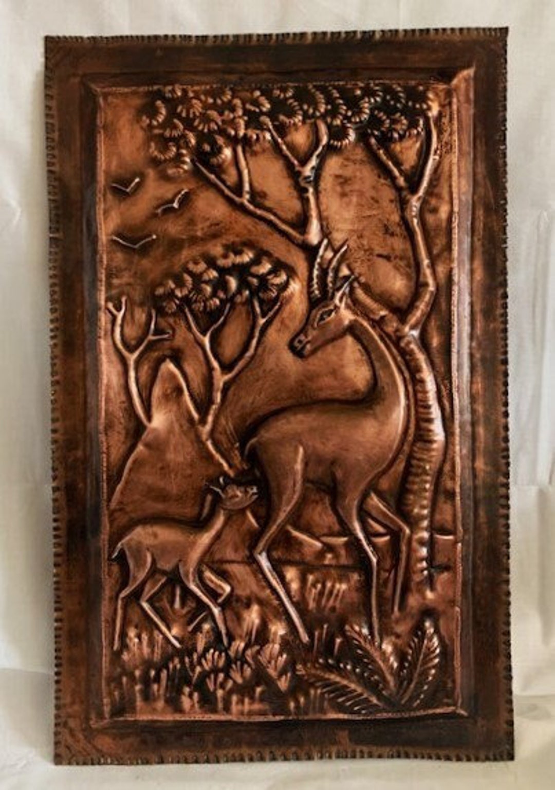 Vintage Tall Solid Copper Wall Art Rectangular Shape Deer Scene in the ...