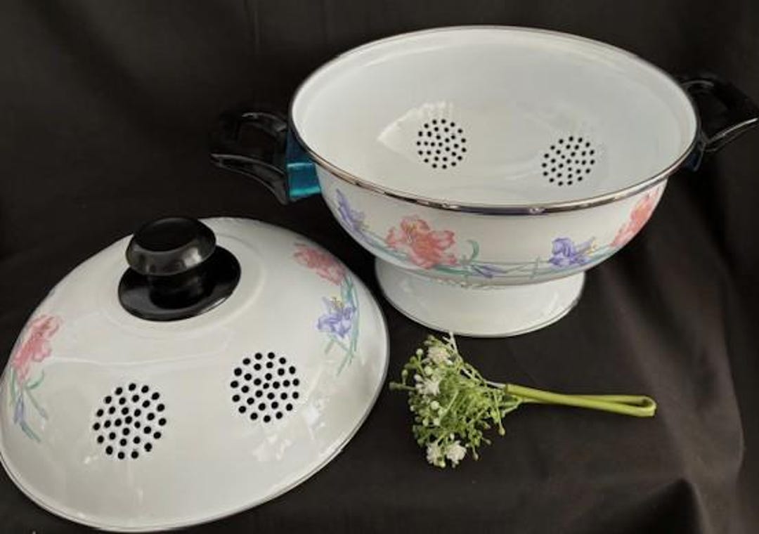 Vintage Porcelain on Steel White With Iris Floral Design Colander ...