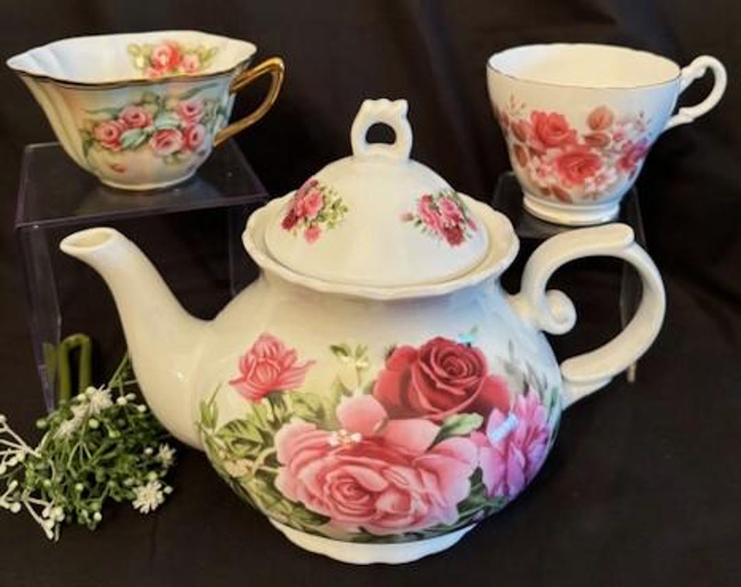 Vintage English Style Cabbage Roses Teapot Royal Ascot Bone China Teacup-burton & Burton Bogart ...