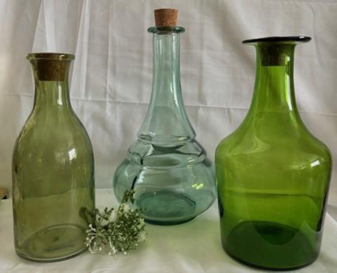 Vintage Round Green Bottle/vase/decanter Round Olive Green Bottle/vase ...