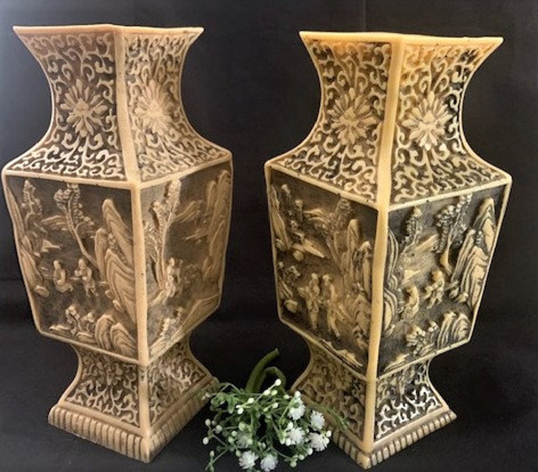 Vintage/antique Hand Made Beige Carved Square Shape Vase With - Etsy