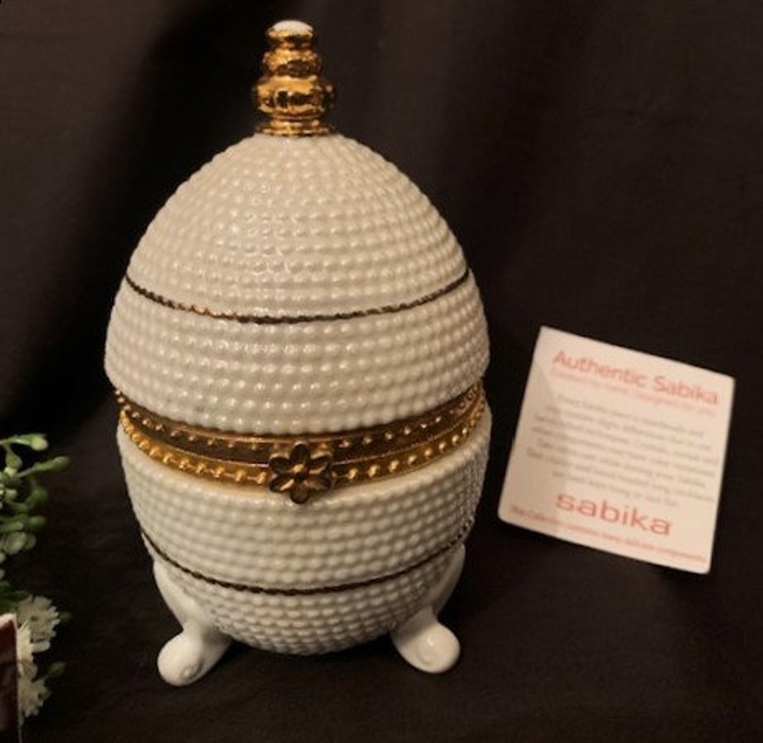 Vintage Sabika Handmade White and Gold Fabergé Egg Shape Trinket Box ...