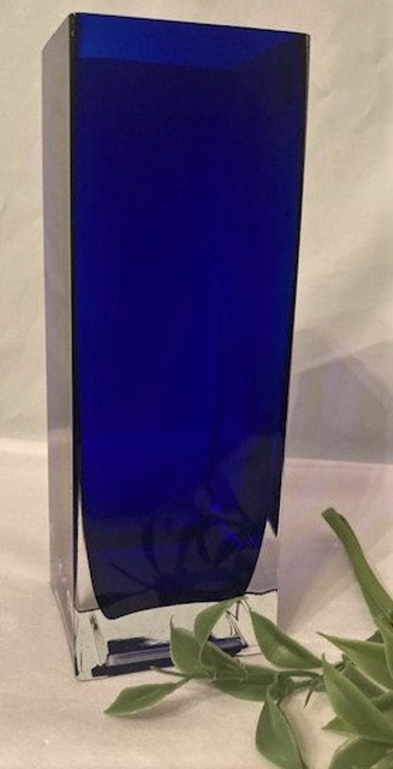 Vintage Hand Blown Deep Cobalt Blue Square Vase With Clear - Etsy
