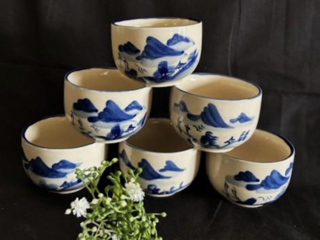Vintage Feng Cheng Hand Painted on an Ivory-toned & Blue Ceramic Set of ...