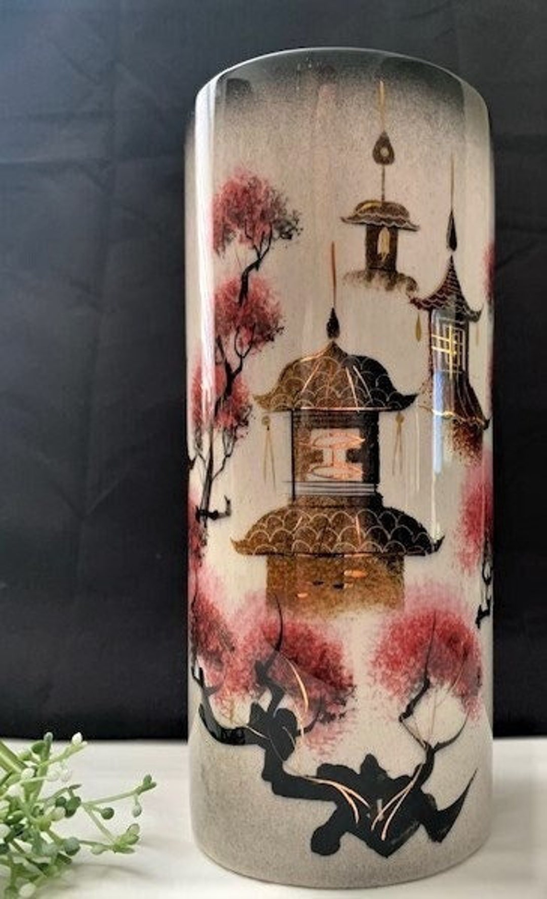 Vintage Asian Theme Pagoda Cylinder Vase by Sascha Breastoff -made in ...