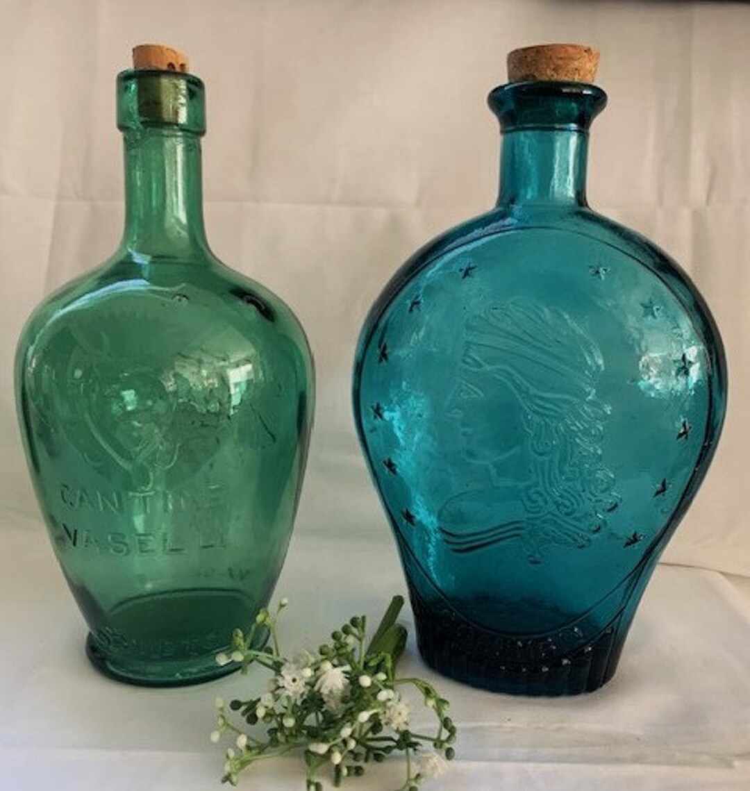 Vintage Cantina Vaselli Embossed Green Bottle & Aquamarine Flask Bottle ...