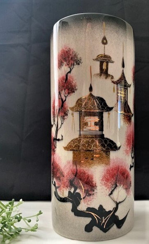 Vintage Asian Theme Pagoda Cylinder Vase by Sascha Breastoff - Etsy