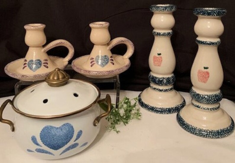 Vintage Pair Stoneware Country Style Candlesticks W/strawberry-metal ...