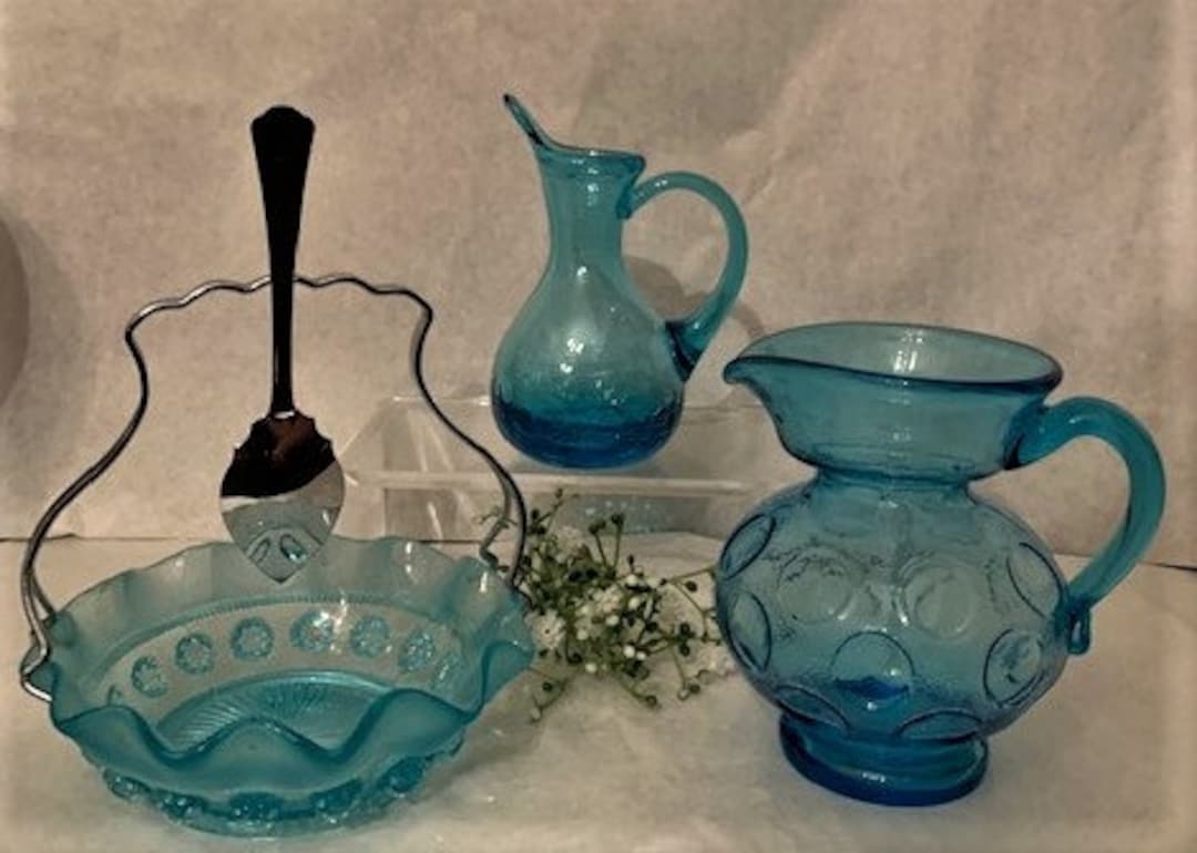 Vintage Hand Blown Small Aqua -blue Pitcher Dot Glass Design W/handle ...