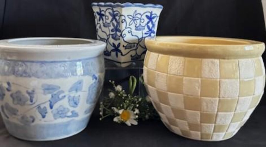 Vintage Checker Planter Pot White and Cream Checkered Pot-blue and ...