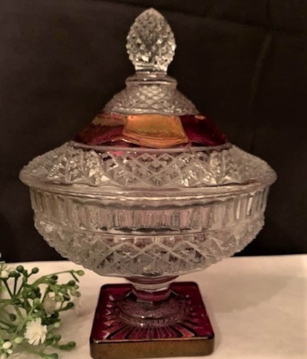 Vintage Indiana Glass Pedestal Candy Dish King Crown Thumbprint Red ...