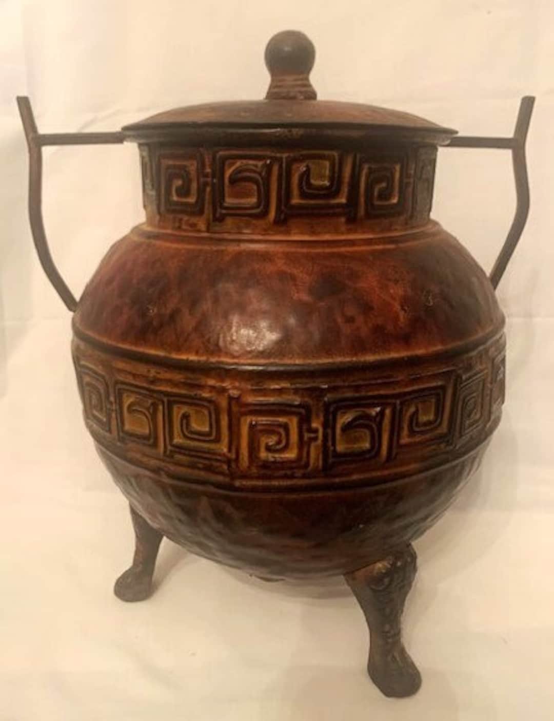 Vintage Metal Footed Decorative Hammered Pot With Lid With Black Metal ...