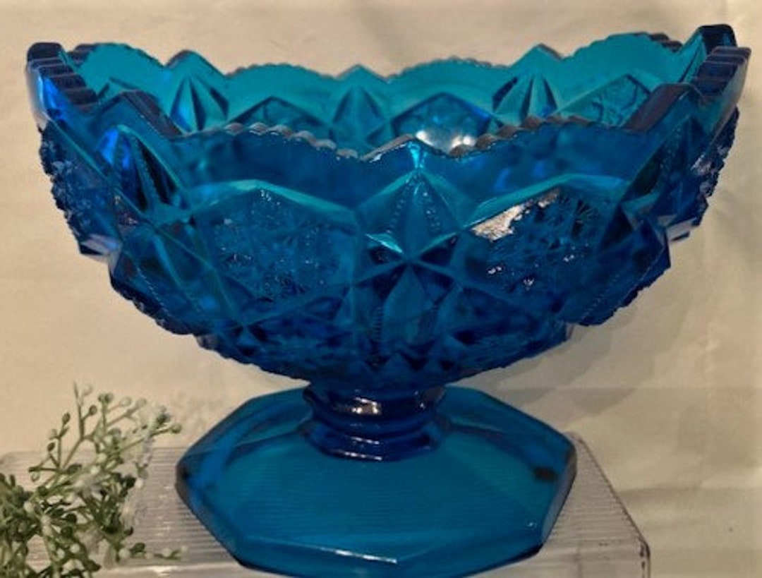 Vintage Kemple Wheaton Aqua Blue Yutec Footed Glass Bowl Saw Tooth Edge ...