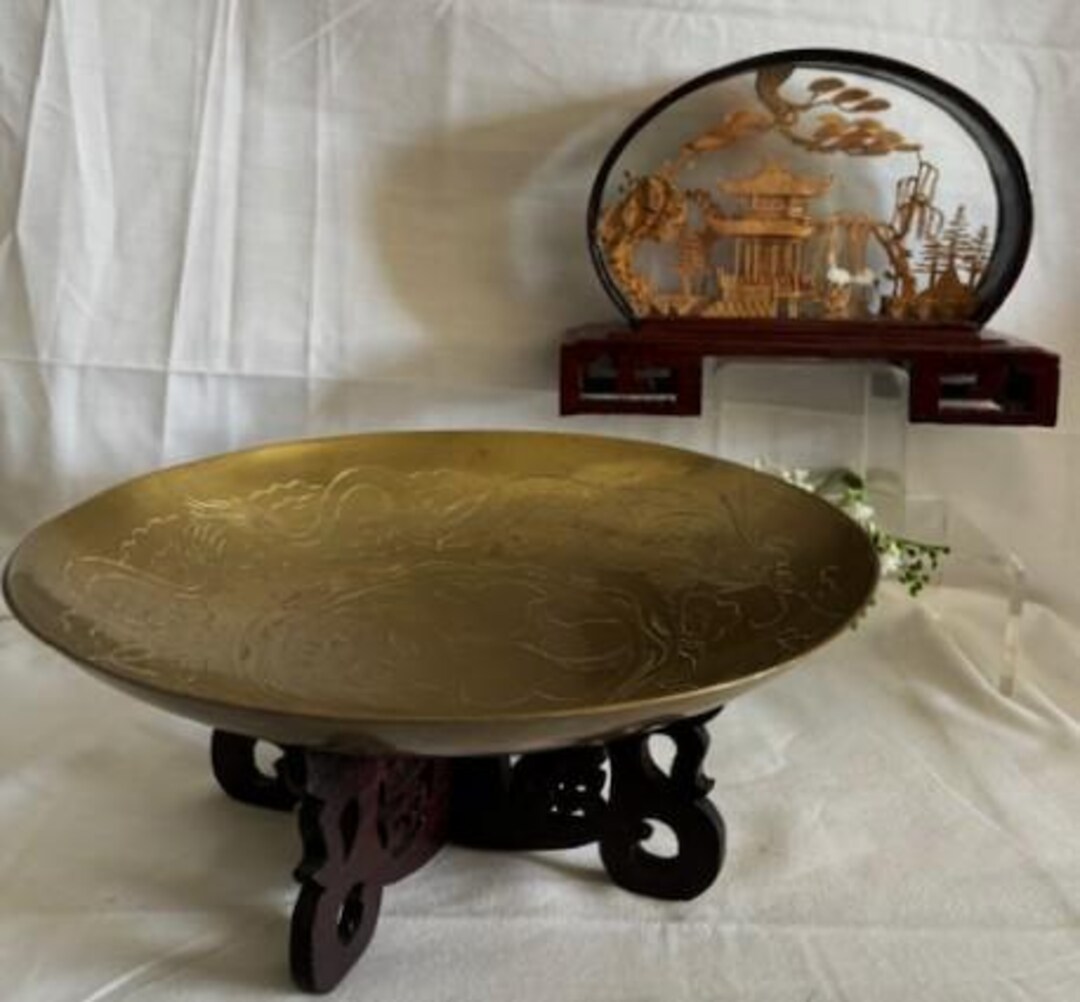 Vintage Chinese Dragon Solid Brass Bowl/dish With Etched Motif Dragons ...