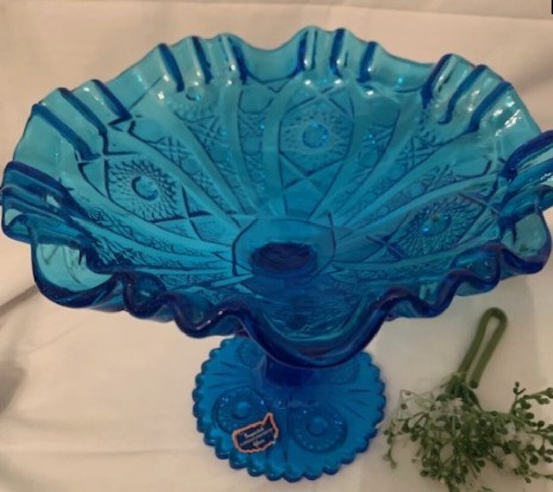 Vintage Imperial American Handcrafted Glass Azure Blue Pedestal Bowl ...