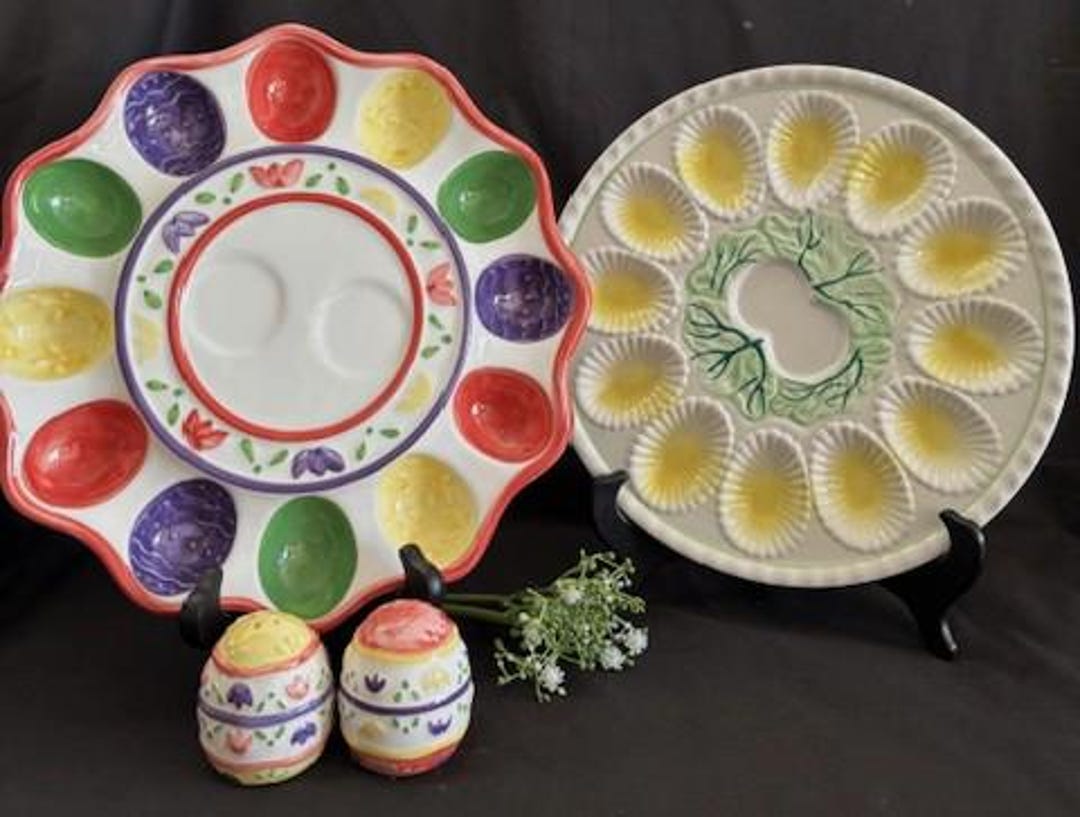 Vintage Multi-color Ceramic Devil Egg Display Round Platter W/salt and ...