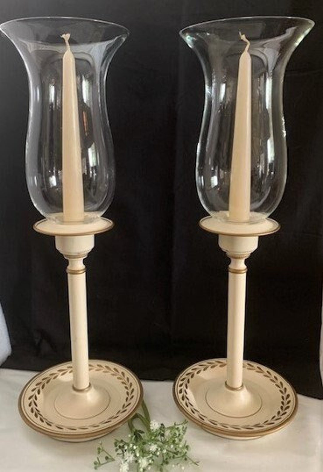 Vintage Pair Tall Metal Candlestick Holder With Large Hurrican Shades ...