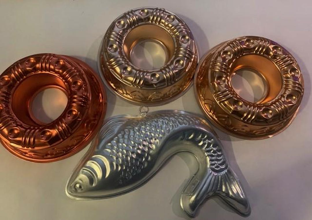 Vintage Copper Round Jell-o Mold Bundt Collection & Aluminum Fish Jell ...