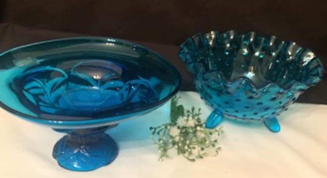 Vintage Viking Hand Made Turquoise Blue Glass Pedestal Candy Dish-l. E ...