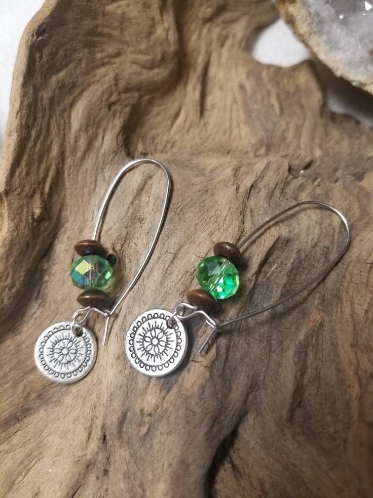 Green Wood Mandala Large Kidney Wire Drop Earrings - Etsy
