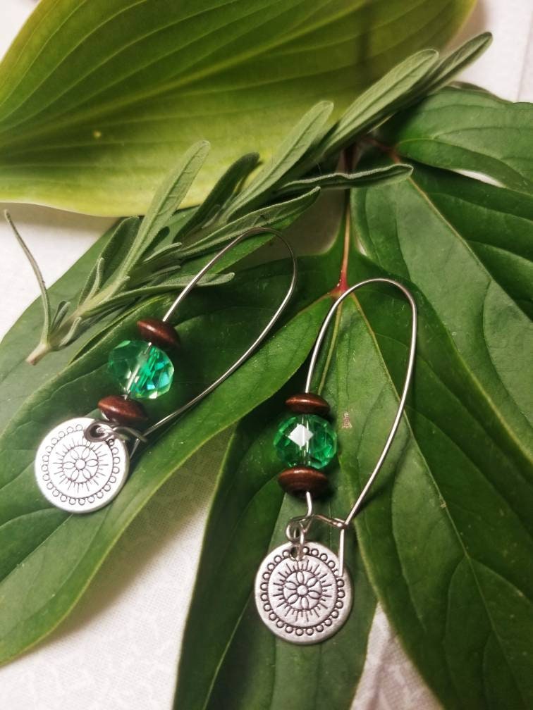 Green Wood Mandala Large Kidney Wire Drop Earrings - Etsy
