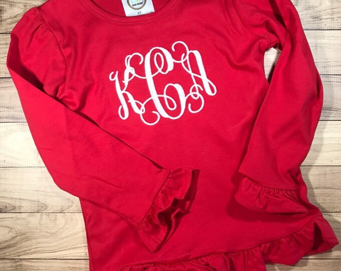 Monogrammed Long Sleeve Red Ruffle Shirt, Holiday Shirt for Girls ...